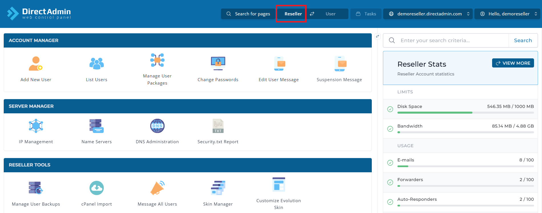 How to Check Usage Statistics of Reseller Account in DirectAdmin ...